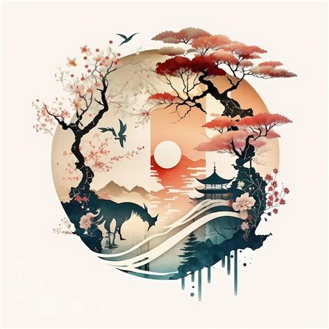 일본 풍경을 배경으로 산과 나무가 있는 풍경 그림 프리미엄 사진