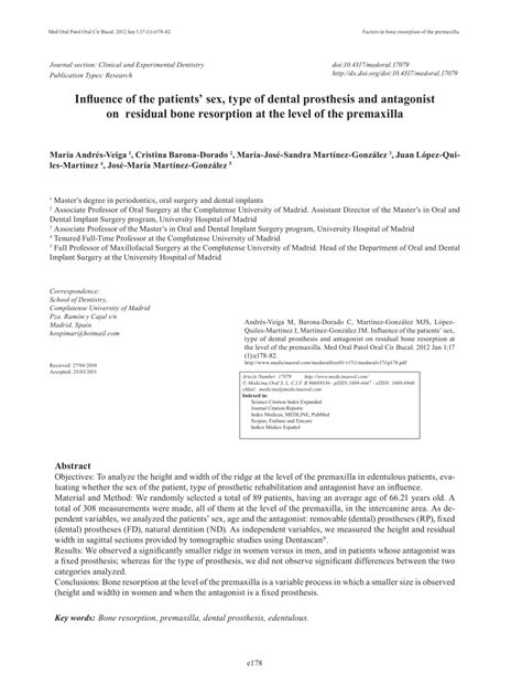 Pdf Influence Of The Patients Sex Type Of Dental Prosthesis And Antagonist On Residual Bone