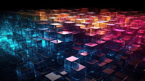 검정색 배경에 현대적이고 화려한 큐브 4k에서 프로그램을 통해 떠다니는 큐브의 다채로운 유리 행의 3d 그림 추상적인 그래픽 배경 기술 텍스처 만들기 고화질 사진 사진