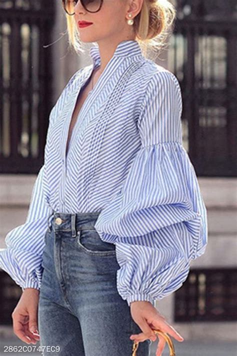Deep V Neck Gingham Lantern Sleeve Blouses Chic Blouses Fashion