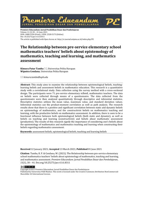Pdf The Relationship Between Pre Service Elementary School Mathematics Teachers Beliefs About