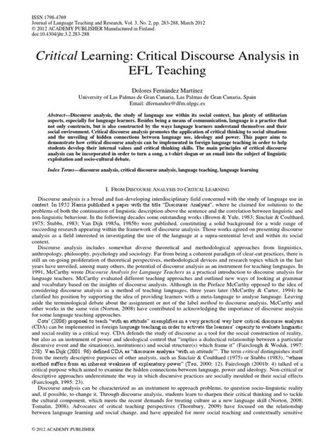 Critical Learning Critical Discourse Analysis In Efl Teaching Pdf Analysis Critical Thinking