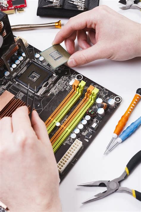 Technician Plug In Microprocessor To Motherboard Stock Photo Image Of