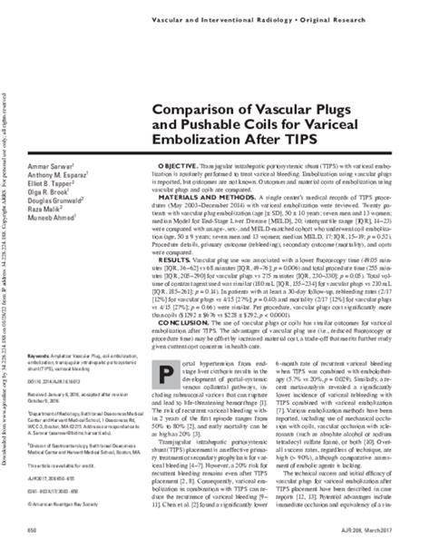 Pdf Comparison Of Vascular Plugs And Pushable Coils For Variceal Embolization After Tips