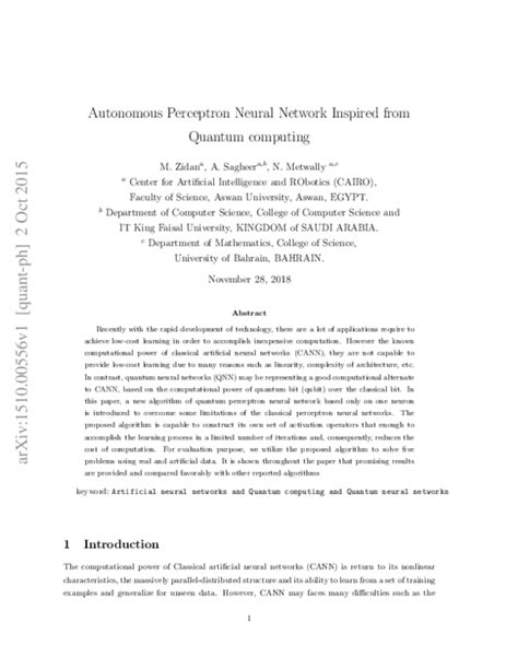 pdf autonomous perceptron neural network inspired from quantum computing