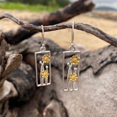 Rectangular Flower Earrings Underart Gallery Sterling Silver
