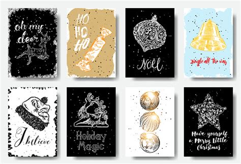 손으로 그린 인사말 카드의 세트입니다 초대장 포스터 태그에 대 한 좋은 인쇄 오 내 사슴 호 호 호 노엘 징 글 저는 믿습니다 휴일 마법 메리 리틀 크리스마스 벡터입니다