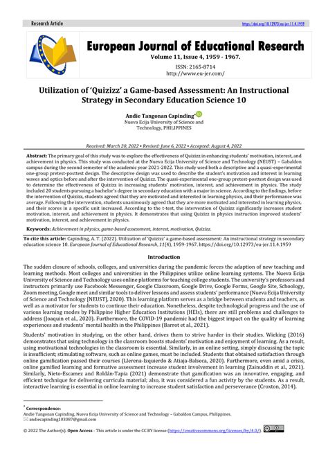 pdf utilization of ‘quizizz a game based assessment an