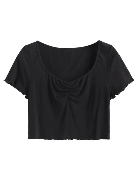 Plus Size Rib Knit Ruched Lettuce Trim T Shirt Womens Plus High Stretch