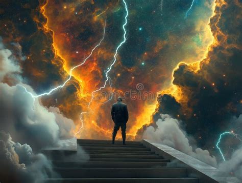 Man Stands On Steps Towards Surreal Sky With Colorful Nebula Powerful