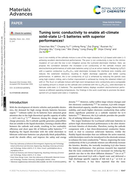 Pdf Tuning Ionic Conductivity To Enable All Climate Solid State Li S Batteries With Superior