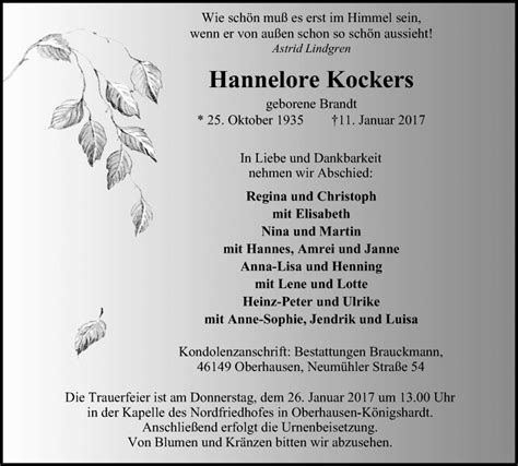 Traueranzeigen Von Hannelore Kockers Trauer In Nrwde