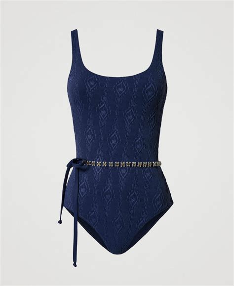 One Piece Swimsuit With Embossed Design And Belt Woman Blue Twinset
