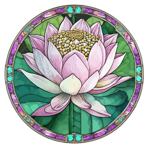 원 안에 있는 큰 연꽃의 스테인드 글라스 그림 프리미엄 벡터