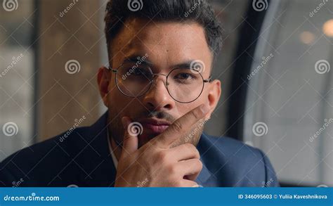 Pensive Guy Arabian Indian Business Man Thinking Looking At Camera Close Up Male Thoughtful
