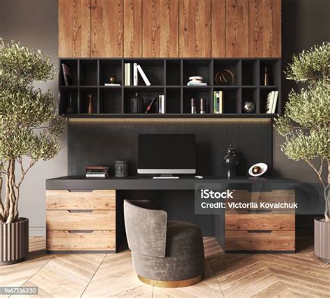 보헤미안 스칸디 거실에 나무 테이블 의자 인테리어가 있는 홈 인테리어 사무실 큰 푸른 나무 컴퓨터 화면 모형 3d 렌더링 고품질 3d 그림 사무실에 대한 스톡 사진 및 기타