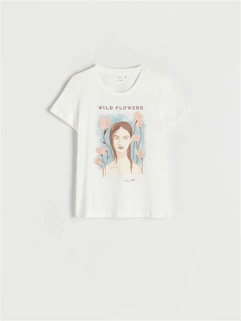 T shirt regular z nadrukiem Kolor złamana biel RESERVED 3718T 01X