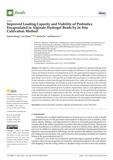 Pdf Improved Loading Capacity And Viability Of Probiotics Encapsulated In Alginate Hydrogel