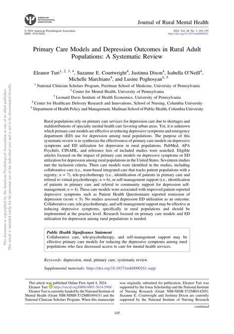 Primary Care Models And Depression Outcomes In Rural Adult Populations