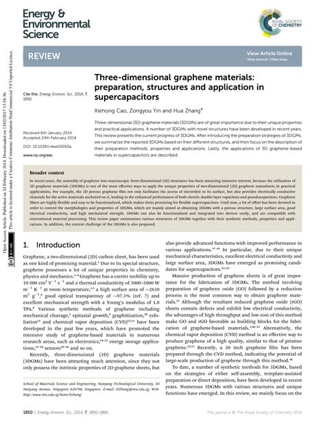 Pdf Three Dimensional Graphene Materials Preparation Structures And Application In