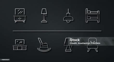 세트 라인 드레싱 테이블 Tv 스탠드 이층 침대 테이블 램프 흔들 의자 바닥 안락 의자 및 램프 교수형 아이콘 벡터 2 층침대에