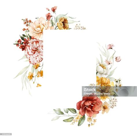 수채화 사각형 꽃 프레임 그림 홍당무 핑크 레드 블루 오렌지 부르고뉴 옐로우 그린 잎 가지 화환 프레임 생일 카드에 대한 스톡