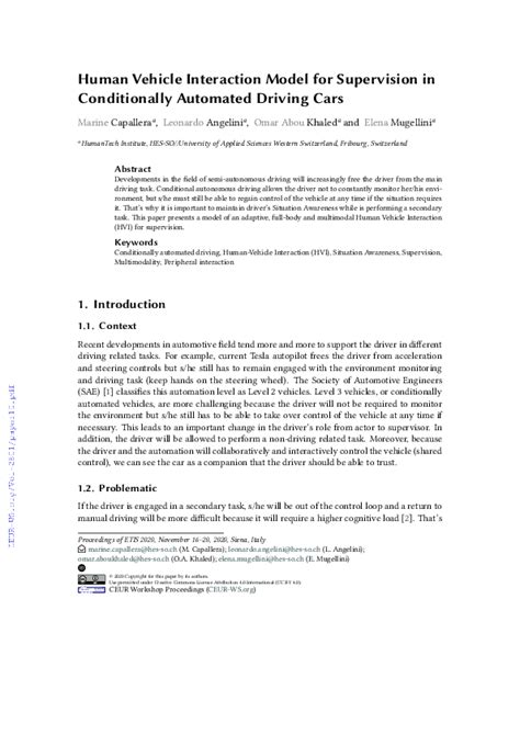 Pdf Human Vehicle Interaction Model For Supervision In Conditionally Automated Driving Cars