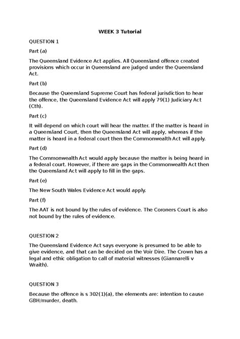 week 3 tutorial week 3 tutorial question 1 part a the queensland evidence act applies all