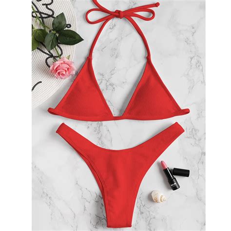 Zaful 2019 Rib Padded Halter Women Swimsuit Thong Bikini Set Sexy