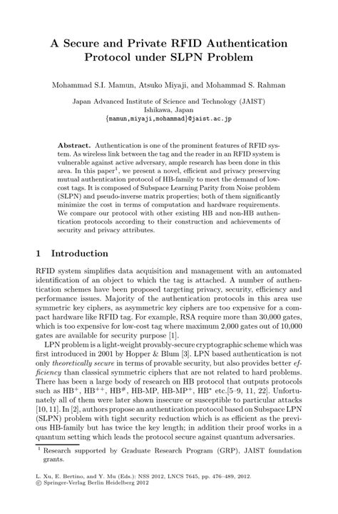 Pdf A Secure And Private Rfid Authentication Protocol Under Slpn Problem