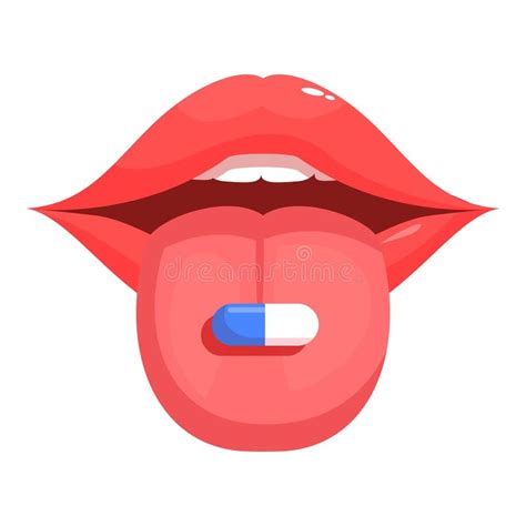 Woman Putting Pill On Tongue With Open Mouth Showing Teeth Stock Vector