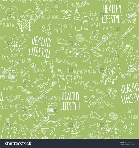 Healthy Lifestyle Seamless Pattern On Green Background Vector