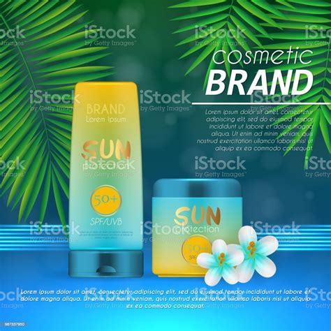 이국적인 야자수와 추상 파란색 배경에 여름 선크림 화장품 디자인 서식 파일 나뭇잎 현실적인 태양 보호와 제품 광고입니다 3차원 형태에 대한 스톡 벡터 아트 및 기타 이미지