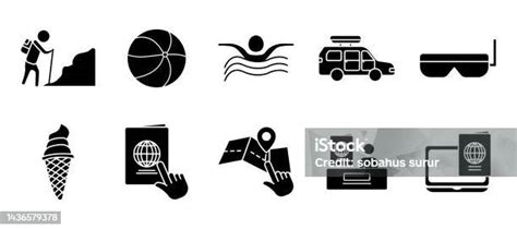 휴일과 관련된 아이콘 집합의 그림입니다 글리프 아이콘 스타일 하이킹 비치 볼 수영 여권 관광 자동차지도 등과 같은 아이콘이 들어 있습니다 간단한 벡터 디자인을 편집 할 수