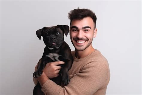 Homem Feliz Apaixonado Por Cachorro Segurando Cachorro No Ombro E