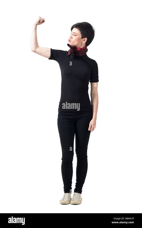 Young Short Hair Pretty Brunette Girl Flexing Bicep Arm Muscle Full