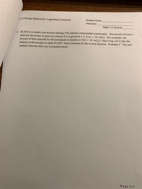 Solved Math 112 Written Homework Logarithmic Functions