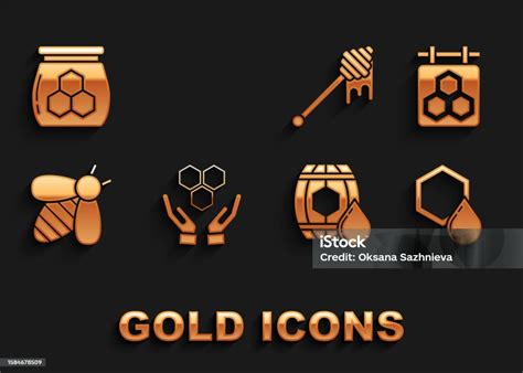 벌집과 손 벌집 나무 통 꿀벌 국자 스틱 물방울 항아리 및 꿀벌 아이콘에 대한 하이브가 있는 매달린 표지판을 설정합니다 벡터 건강한 식생활에 대한 스톡 벡터 아트 및 기타