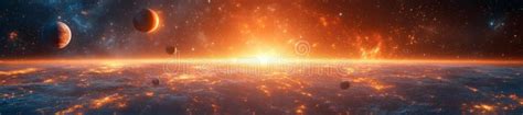 Distant Planets Orbiting A Fiery Stellar Explosion In Outer Space Stock Illustration