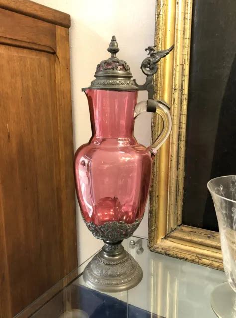 ANCIENNE AIGUIÈRE verseuse en étain et cristal Décor RENAISSANCE 40