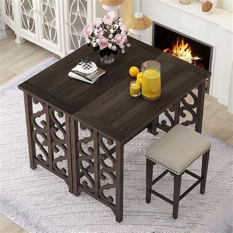 Lostcat 3 Piece Retro Dining Table Set Solid Wood Counter Height Pub