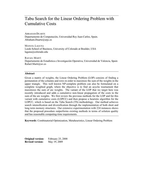 Pdf Tabu Search For The Linear Ordering Problem With Cumulative Costs