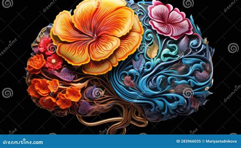 Human Brain With Multicolored Twists And Flowers Close Up On Black Background Creative Brain