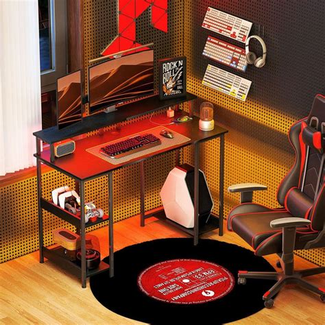 HOMCOM 47 In Black Reversible Computer Desk With Power Outlets And LED Lights Home Office Desk