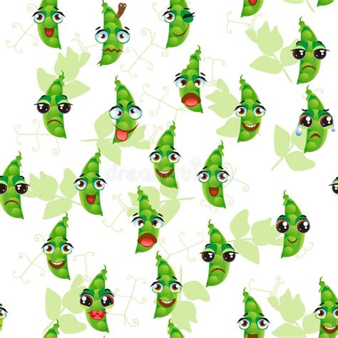 Cute Little Cartoon Emoji Green Peas In A Pod Isolated On White Stock