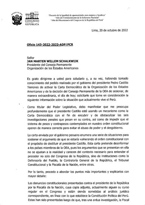 Carta Del Presidente Del Congreso A La OEA Lampadia