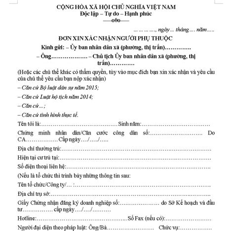 Mẫu đơn Xin Xác Nhận Người Phụ Thuộc