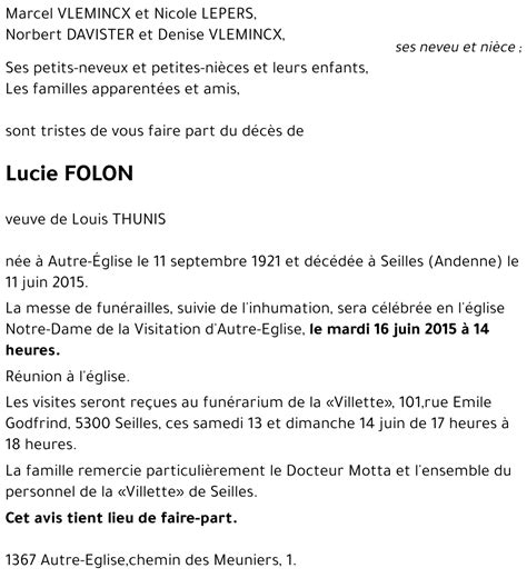 Avis De Décès De Lucie Folon Décédé Le 11 06 2015 à Seilles Annonce Condoléances Fleurs Etc