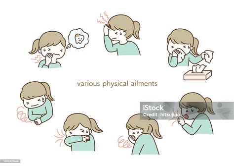 다양한 건강이 좋지 않은 여성들의 일러스트 세트 감기와 독감에 대한 스톡 벡터 아트 및 기타 이미지 감기와 독감 고체온증 구역 Istock
