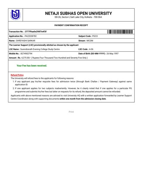 Print Payment Status Pdf